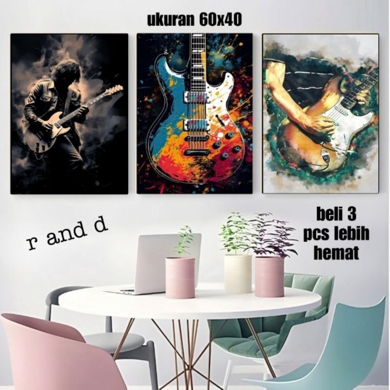Jual Hiasan dinding kamar gambar gitar ukuran 60x40 bingkai kayu ...