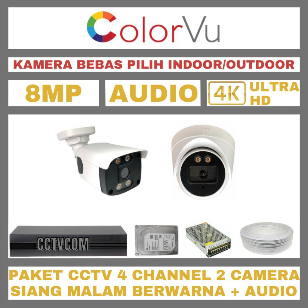 Jual PAKET CCTV COLORVU 8MP 4 CHANNEL 2 KAMERA ULTRA HD 4K CAMERA AUDIO ...