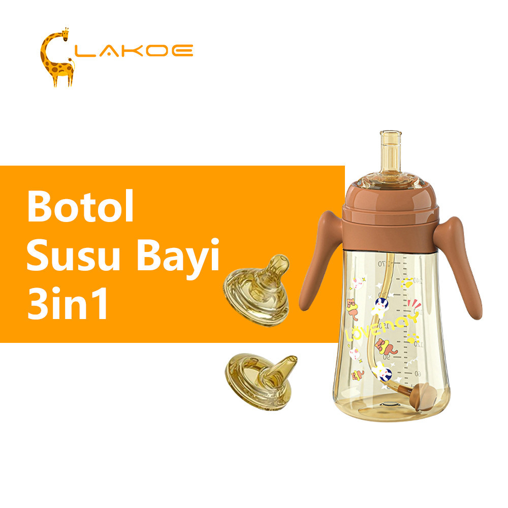 Jual LAKOEOFFICIALMALL 3 in 1 Botol Susu Bayi Wide Neck Botol Minum Bayi Anak Sedotan 300ML BPA ...