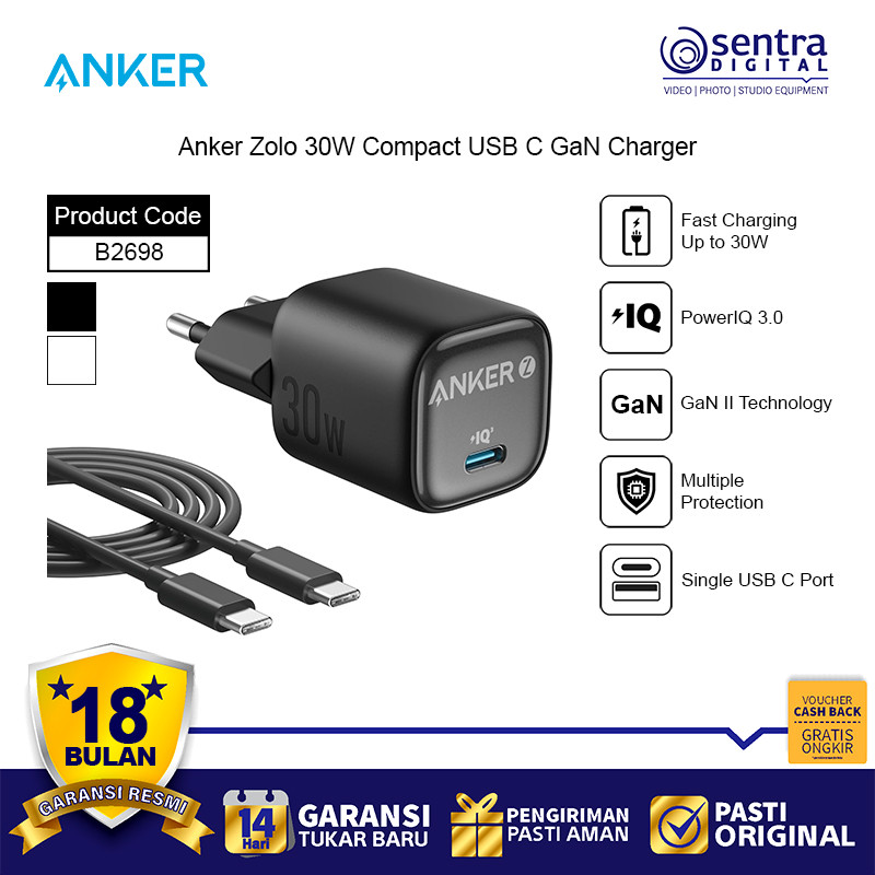 Jual Anker Zolo Charger 30W PD 3.0 with Type C Slot Bundling USB Type C ...