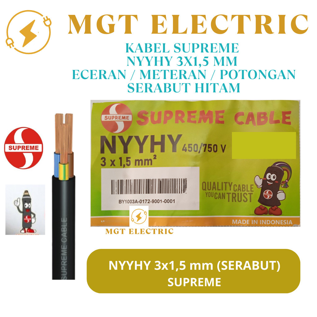 Jual KABEL SUPREME NYYHY 3X1.5MM SERABUT HITAM 3X1,5 MM ECERAN / POTONGAN | Shopee Indonesia