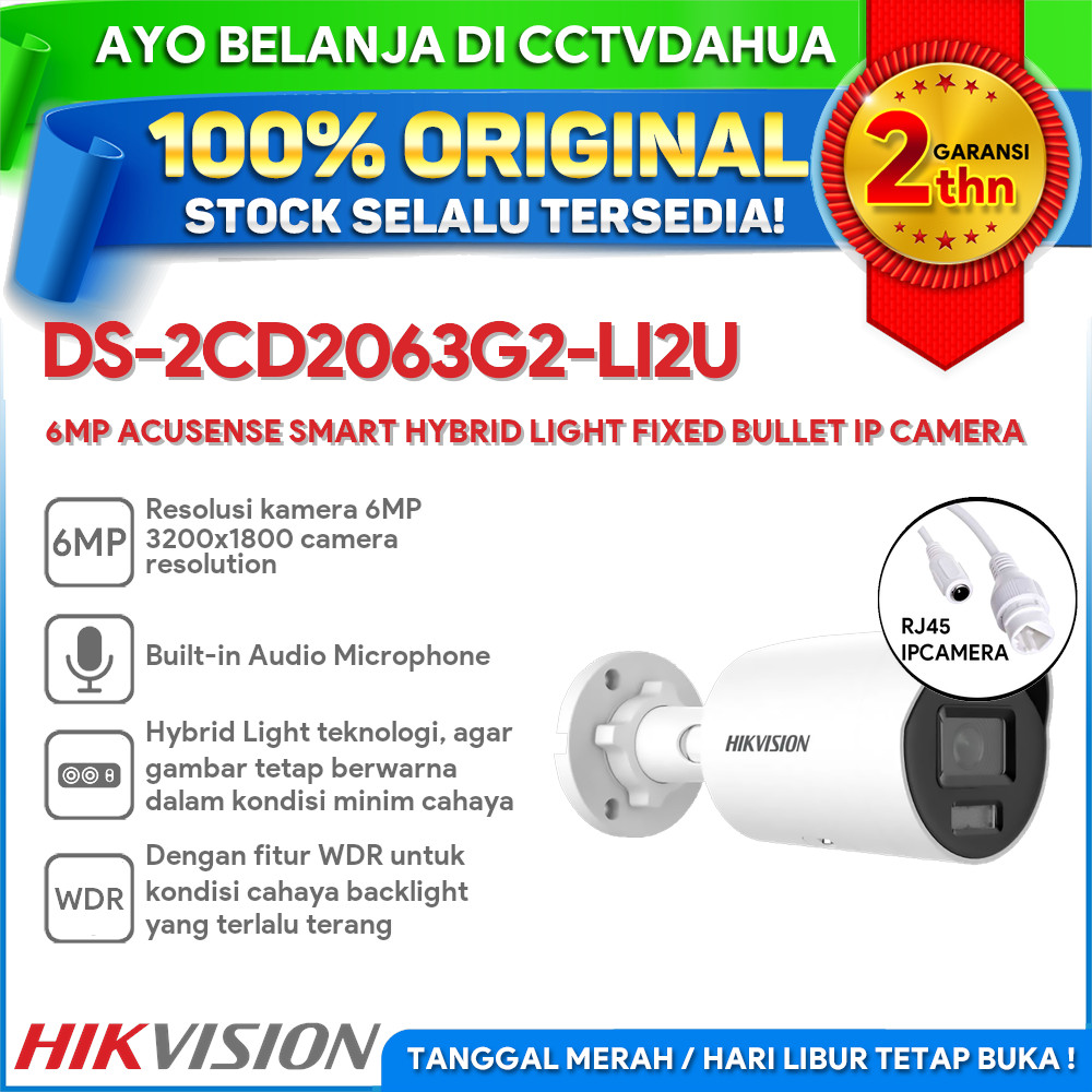 Jual HIKVISION DS-2CD2063G2-LI2U 6MP ACUSENSE SMART HYBRID LIGHT BUILT-IN MIC BULLET IP CAMERA ...