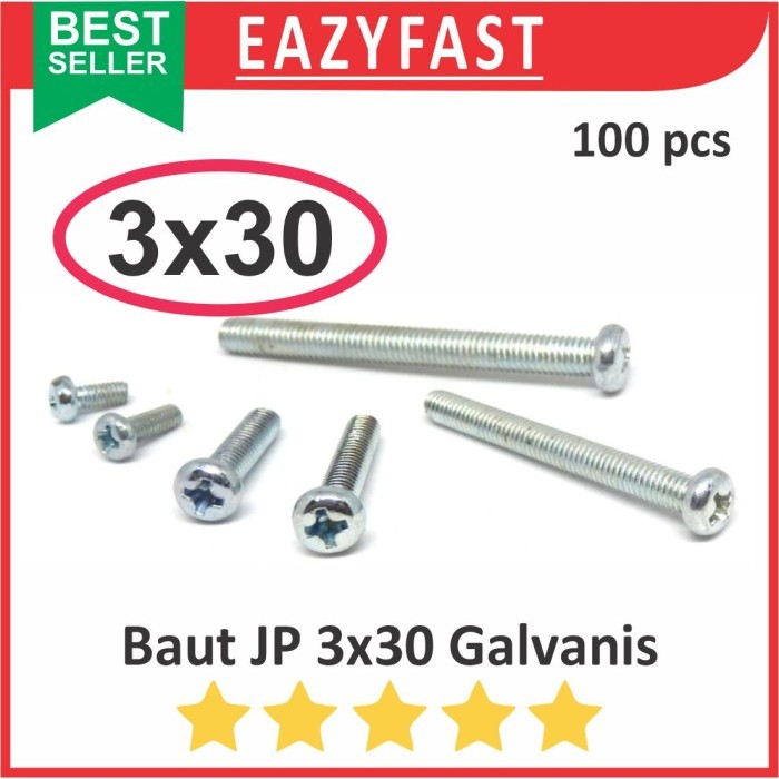 Jual Baut JP M3 30mm 3x30 3 x 30 mm M3x30 Galvanis Putih Phillips Screw ...