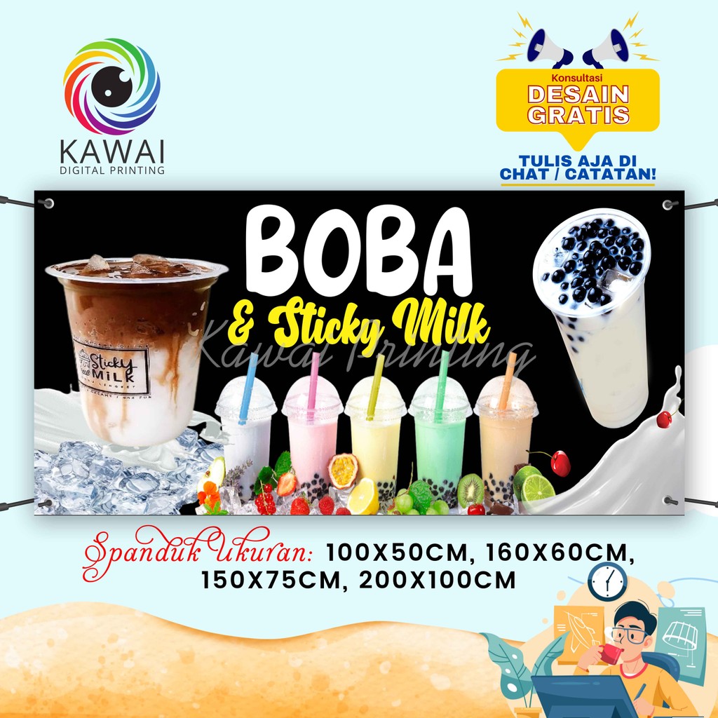 Jual Spanduk Banner MMT Boba & Sticky Milk Hitam Rekuest 200x100 Cm ...
