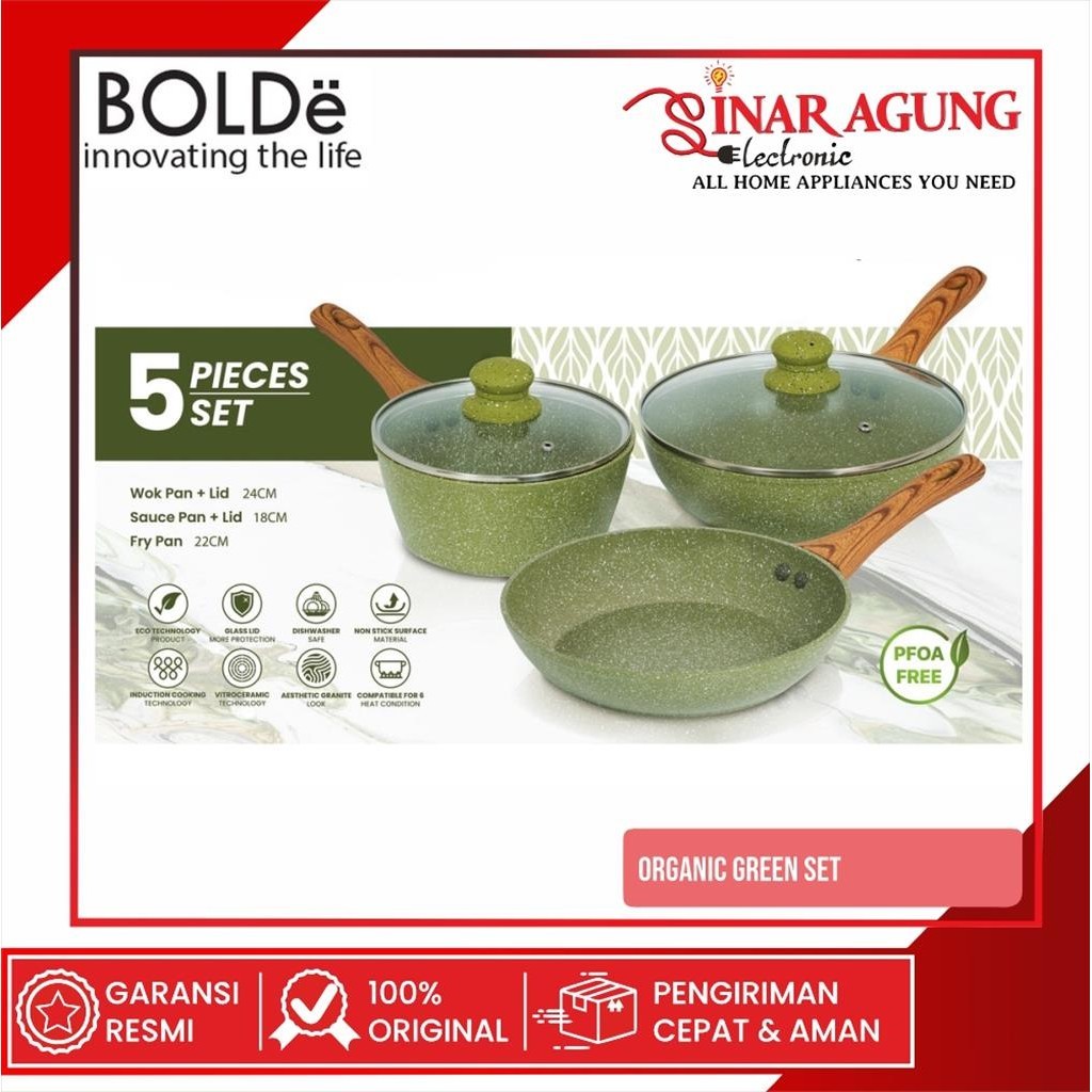 Jual [COD] FRY PAN / WOK PAN / SAUCE PAN BOLDE ORGANIC GREEN COOKWARE 5 PCS SET (GRANITE COATING ...