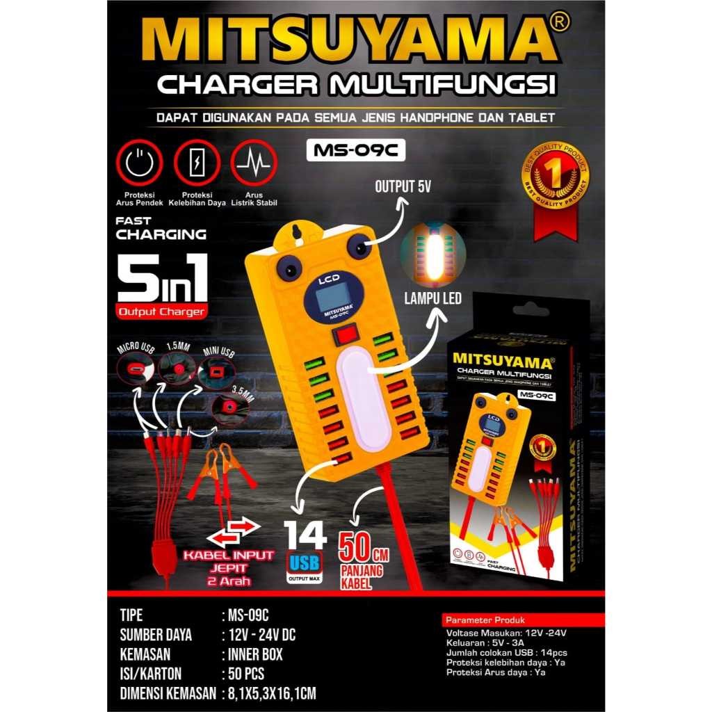 Jual CHARGER MULTIFUNGSI MITSUYAMA MS-09C JEPIT AKI - 5 IN 1 - 14 USB PORT - LCD DISPLAY ...