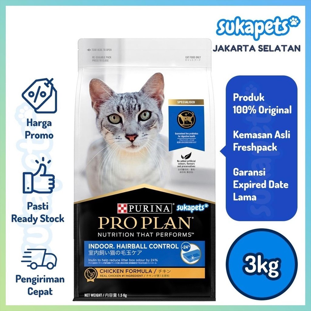 Jual Pro Plan Cat Adult Indoor Hairball Control Chicken Formula 3kg | Shopee Indonesia