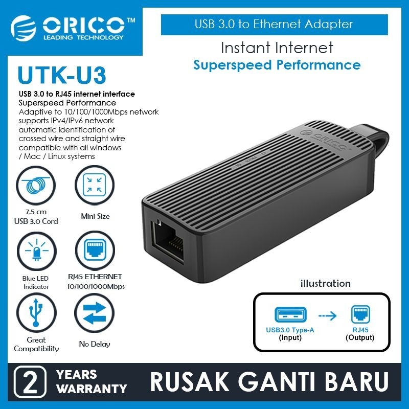 Jual ORICO UTK-U3 Usb 3.0 To Ethernet Lan Adapter | Shopee Indonesia