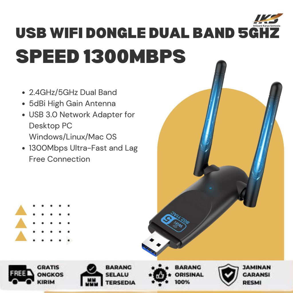 Jual USB WiFi Dongle Dual Band 2.4GHz / 5GHz 1300Mbps - 5dBi High Gain ...