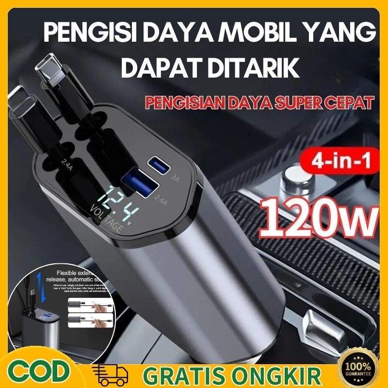 Jual 【COD 】120w Charger Mobil / Retractable Car Charger IOS Dan Type-c ...