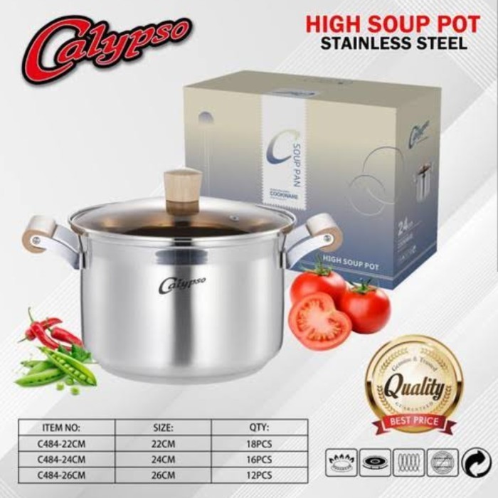 Jual panci calypso high soup pot stainless steel tutup kaca tebal 22cm ...