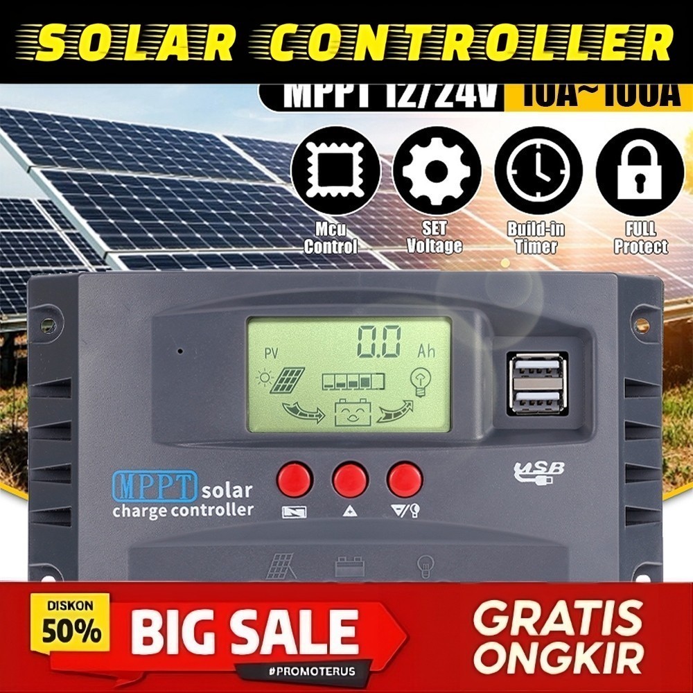 Jual MPPT Solar Charge Controller Otomatis 12V 24V 60A For Battery Ready to Solar Panel Control ...