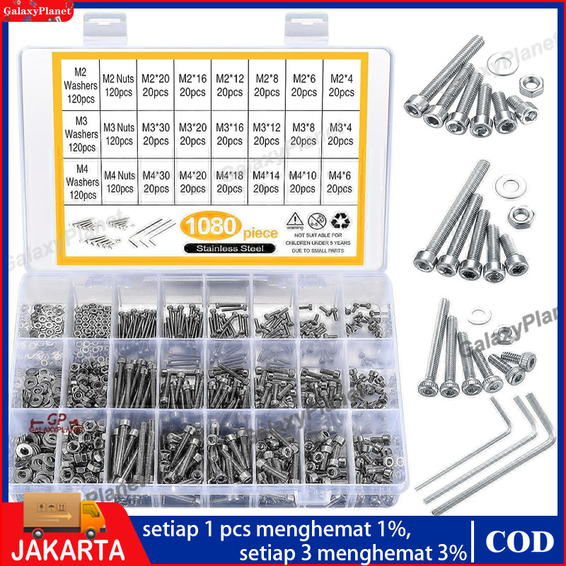Jual 1080PCS Mur dan Baut Set 304 Stainless Steel M2 M3 M4 Kepala Datar ...