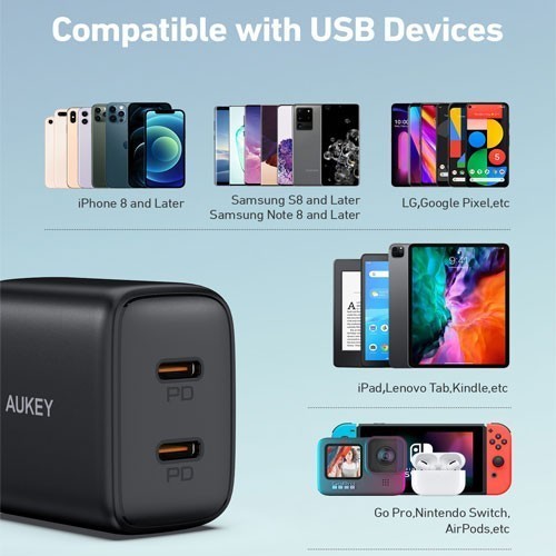Jual Aukey Adaptor Charger Dual Port Type C 20W PD 3.0 Fast Charging PA-R1S-BK | Shopee Indonesia