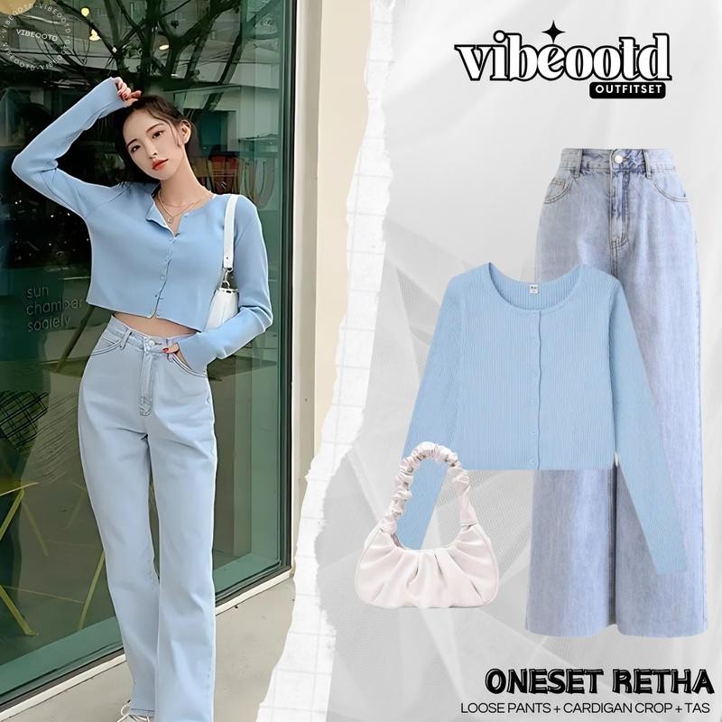 Jual Retha Outfit Set Wanita Korean ( Celana Loose Pants Denim Panjang + Cardigan Kancing Crop ...