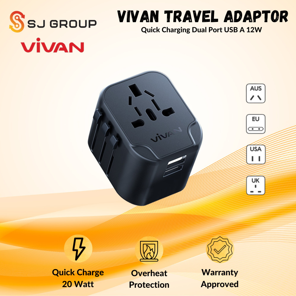 Jual VIVAN Travel Adaptor Universal 12W VPS-T002A Black Dual Port USB A ...