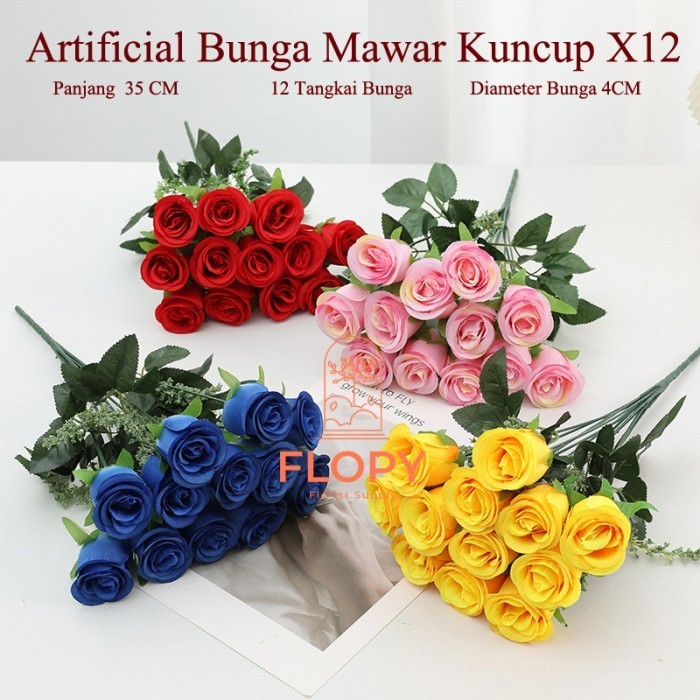 Jual [ 12 Cabang ] Bunga Mawar Kuncup X12 / Daun Artificial ...