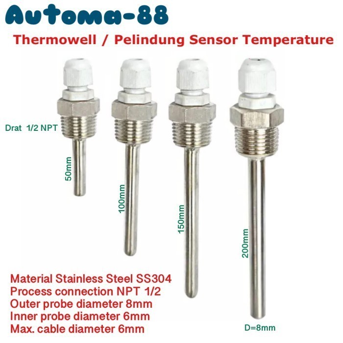 Jual MN08 Thermowell 1/2 NPT dengan Kabel Gland sensor suhu 5cm 10cm ...