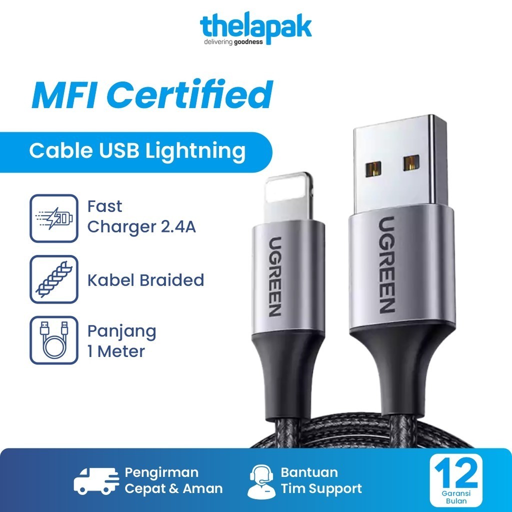 Jual Kabel Data Lightning USB 2.4A MFI Certified Ugreen 60156 1 Meter ...