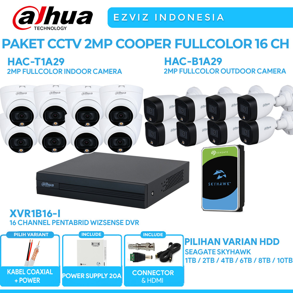 Jual PAKET CCTV HDCVI ANALOG DAHUA 16 CHANNEL 2MP COOPER FULL COLOR T1A29 B1A29 16 KAMERA SIAP ...