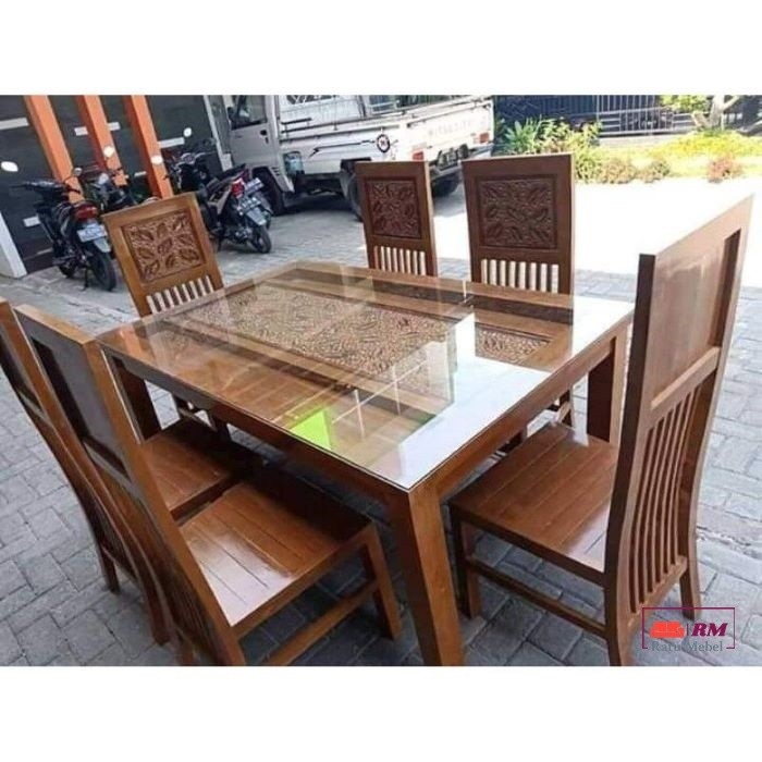 Jual Meja makan set 6 kursi kayu jati + kaca | Shopee Indonesia