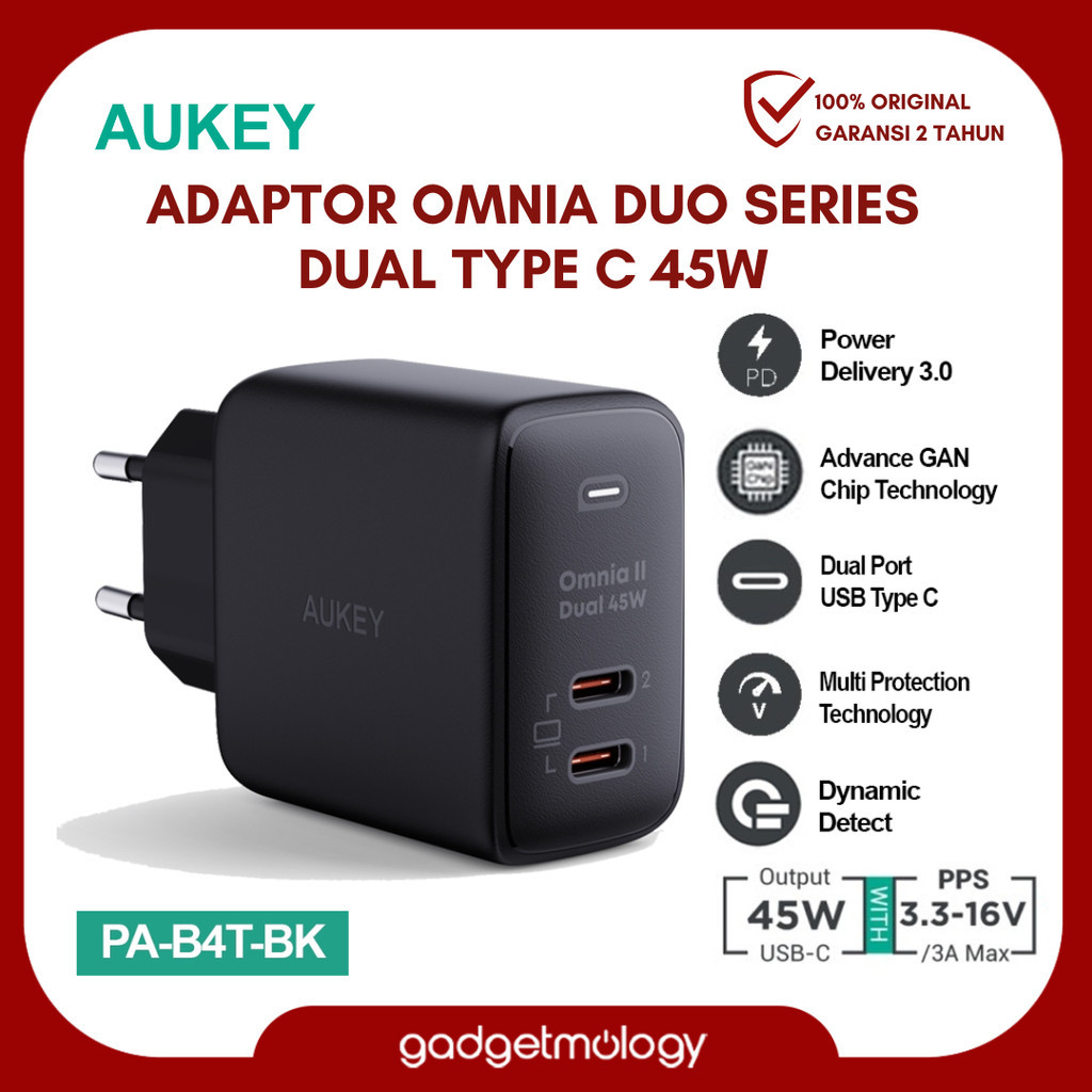 Jual AUKEY Charger Adaptor Omnia II Duo Series Dual Port Type C 45W GAN PD 3.0 PPS Fast Charging ...