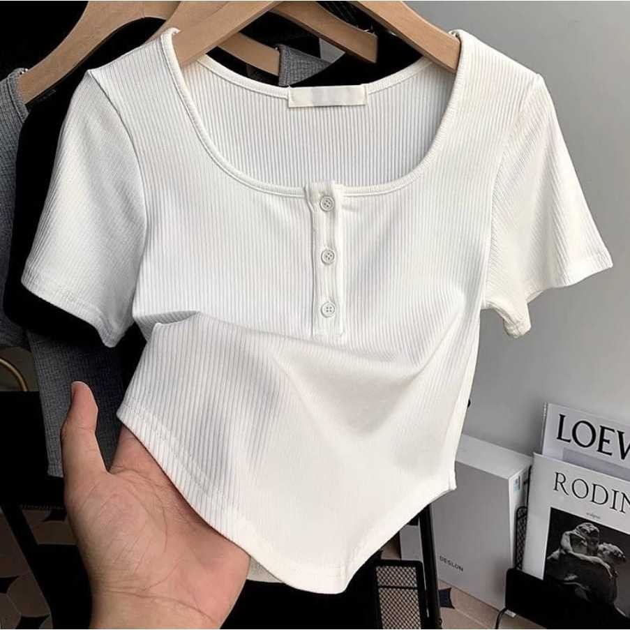 Jual Blouse wanita / Wiggle Crop Rib Blouse Korean With Button ...
