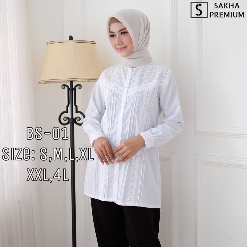 Jual Sakhapremium.id - Blouse Atasan Baju Putih Wanita Kerja Kombinasi Renda | Shopee Indonesia