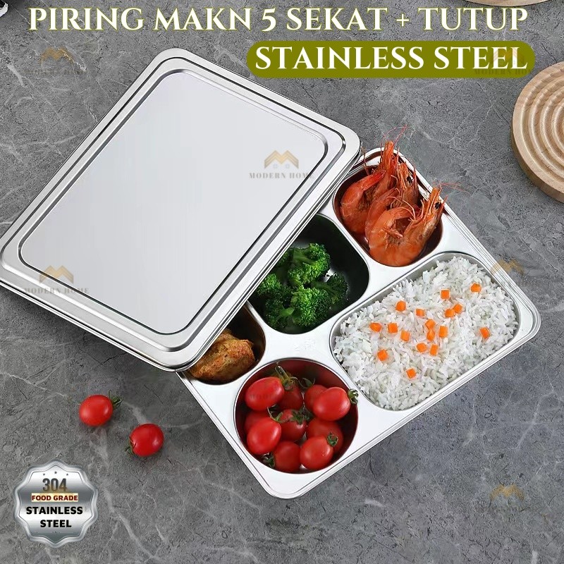 Jual Piring Sekat dengan Tutup Piring Makan Stainless Sekat 5 Lunch Box ...