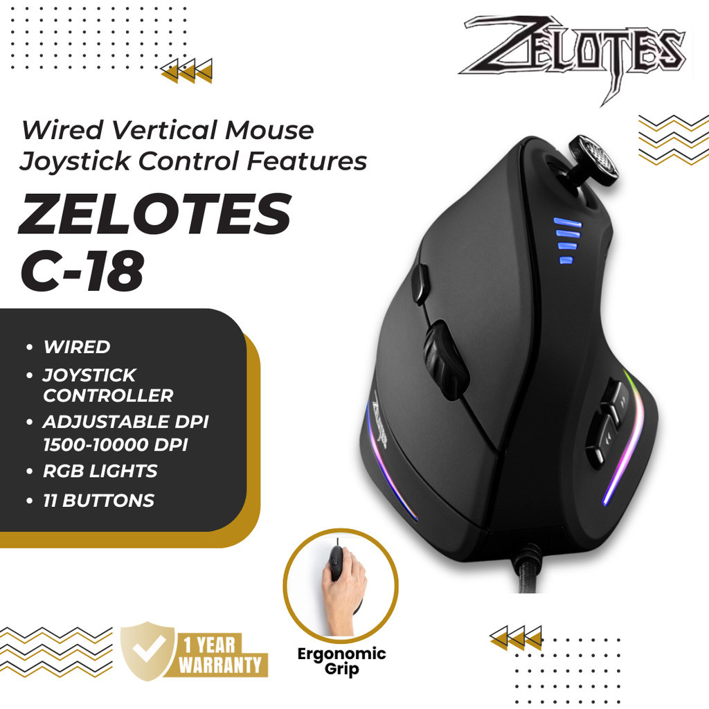 Jual Zelotes C18 Ergonomic Vertical Joystick Gaming Mouse 10000 DPI 11 ...