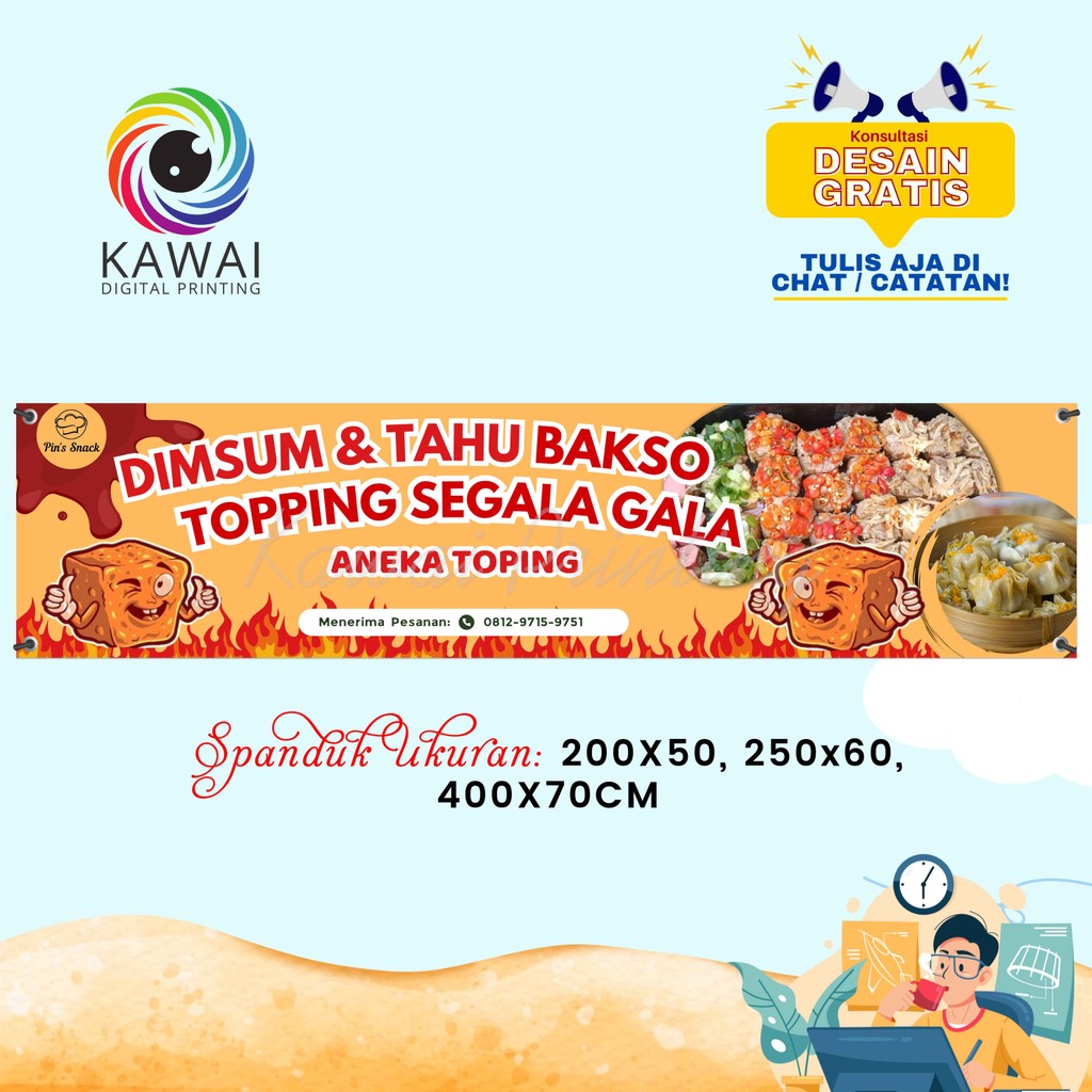 Jual SPANDUK BANNER Jualan Dimsum Dan Tahu Bakso Toping MMT Spanduk Custom 400x70 | Shopee Indonesia