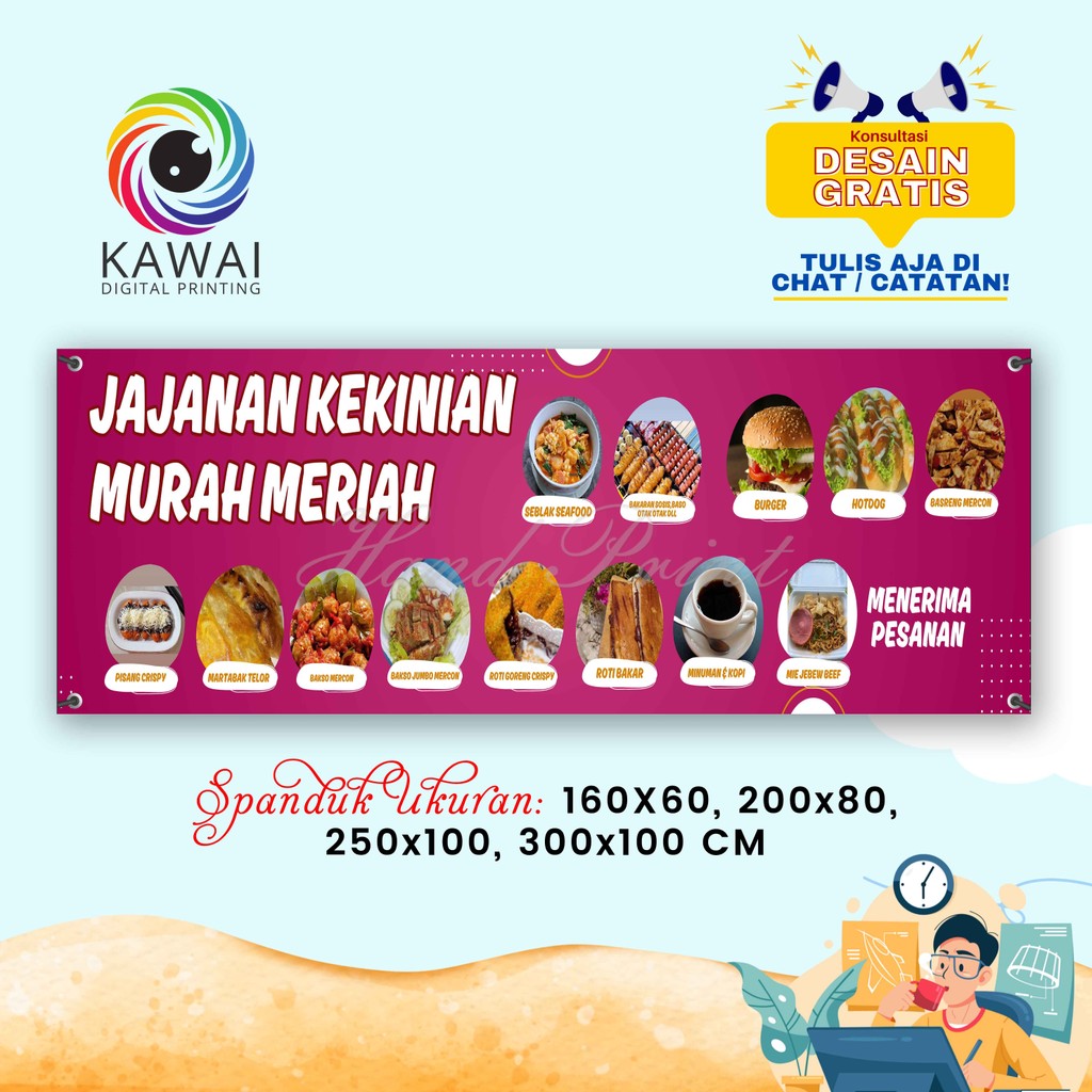 Jual SPANDUK BANNER Desain Jajanan Kekinian Murah Pink Ukuran 300x100 ...