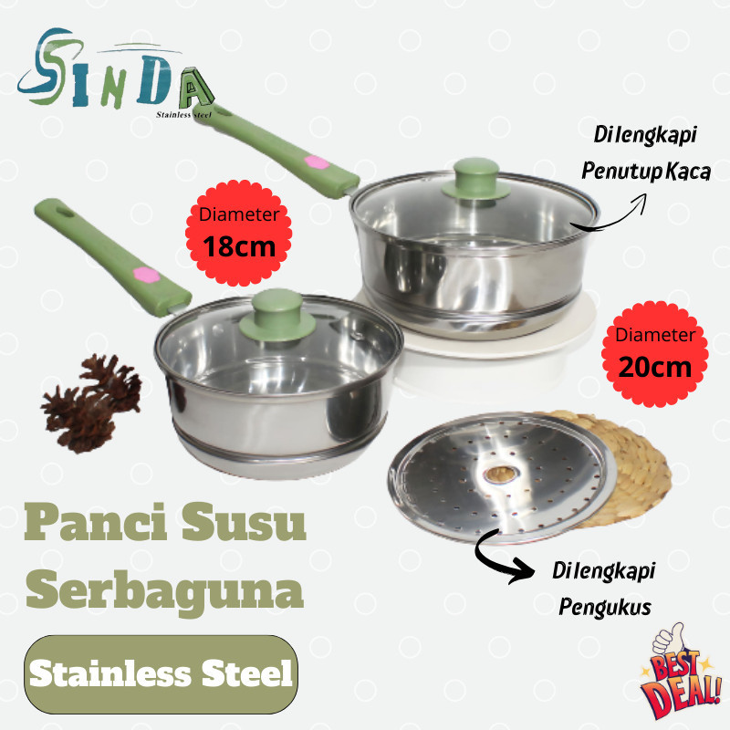 Jual Sinda Panci kukus /Panci susu Stainless Dengan List hijau 18, 20 ...