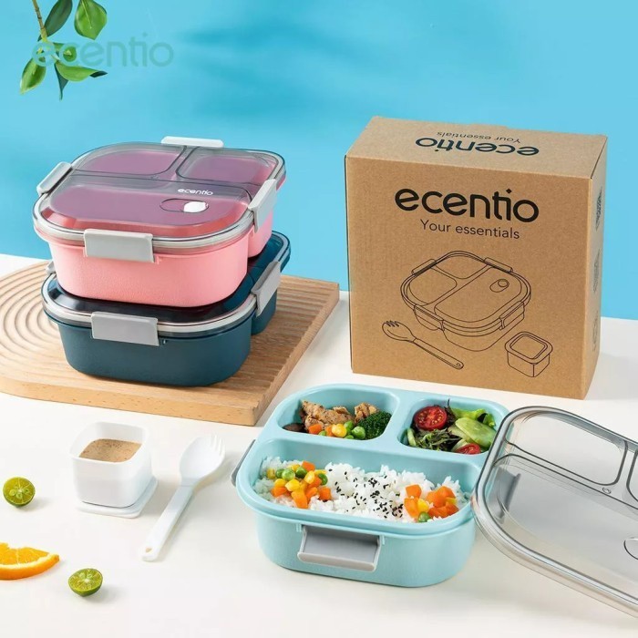 Jual ECENTIO Dark Blue Lunch Box 3 grid 1100ml Anti Tumpah Dan Kotak ...