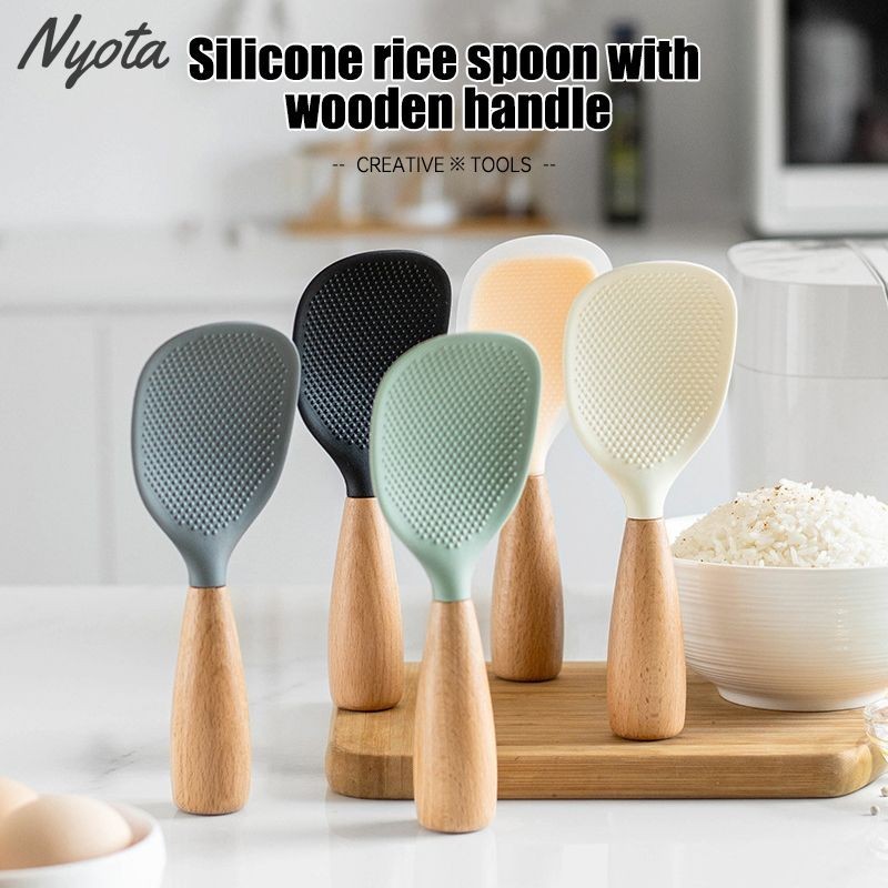 Jual Standing Rice Spoon Centong Nasi Berdiri Silikon Gagang Kayu Estetik Anti Lengket nyota ...