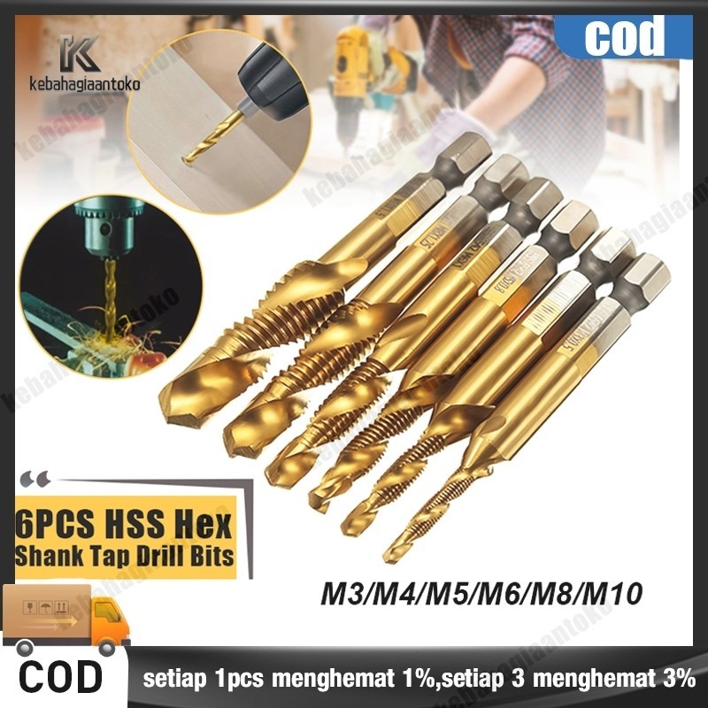Jual 6 Buah Tap Drill Bit Hex Shank Titanium Plated HSS Screw Thread ...