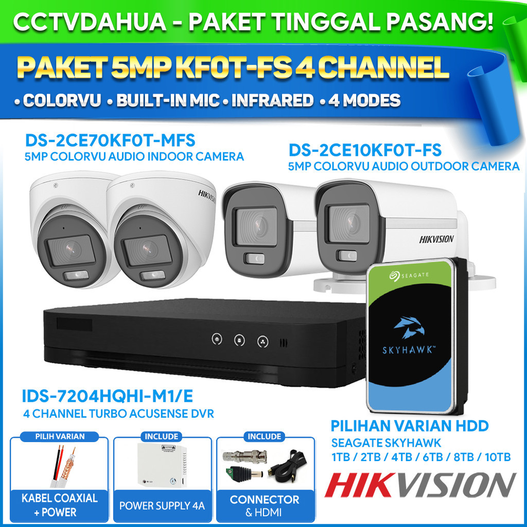Jual PAKET CCTV TURBO HD HIKVISION 4 CHANNEL 5MP KF0T-FS COLORVU BUILT-IN MIC 4 KAMERA SIAP ...