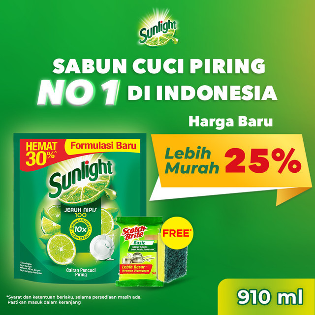 Jual Buy 1 Sunlight Sabun Cuci Piring Cair Refill Jeruk Nipis 910 mL Free Sponge Scotch-Brite ...