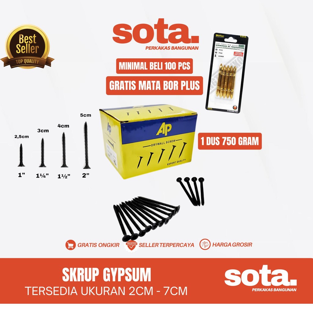 Jual Sekrup Gypsum / Baja Merk AP 1 kotak 1dus 750gram 1"(2,5cm) , 1 1/ ...