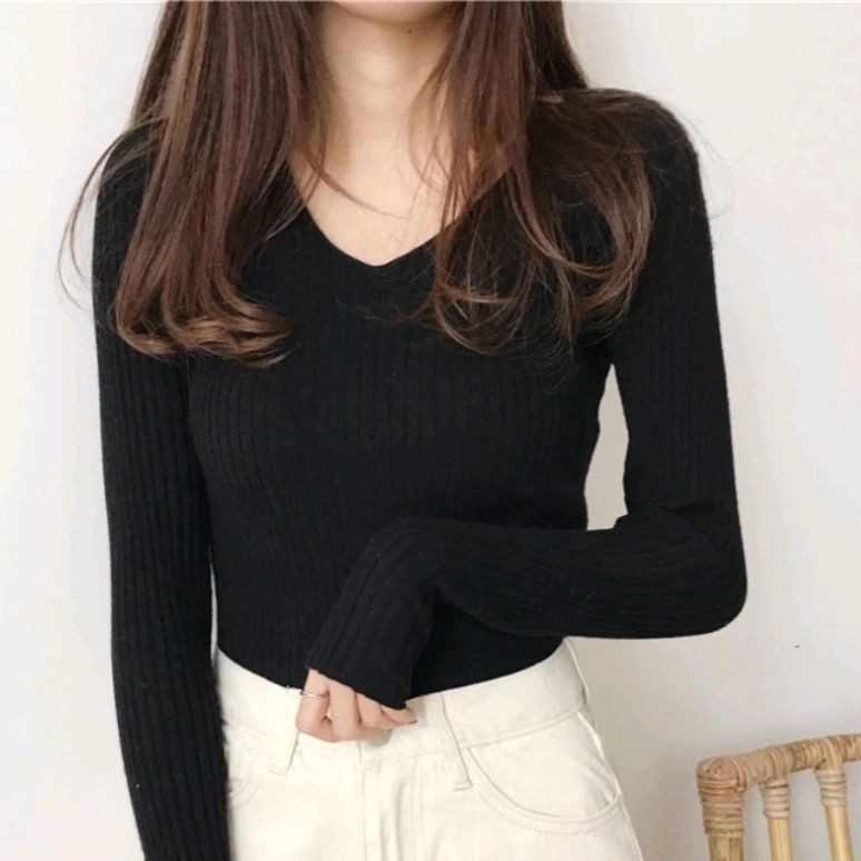 Jual Iyagoo - Baju Rajut V Neck Lengan Panjang Premium Bahan Tebal dan Adem Baju Rajut Wanita ...