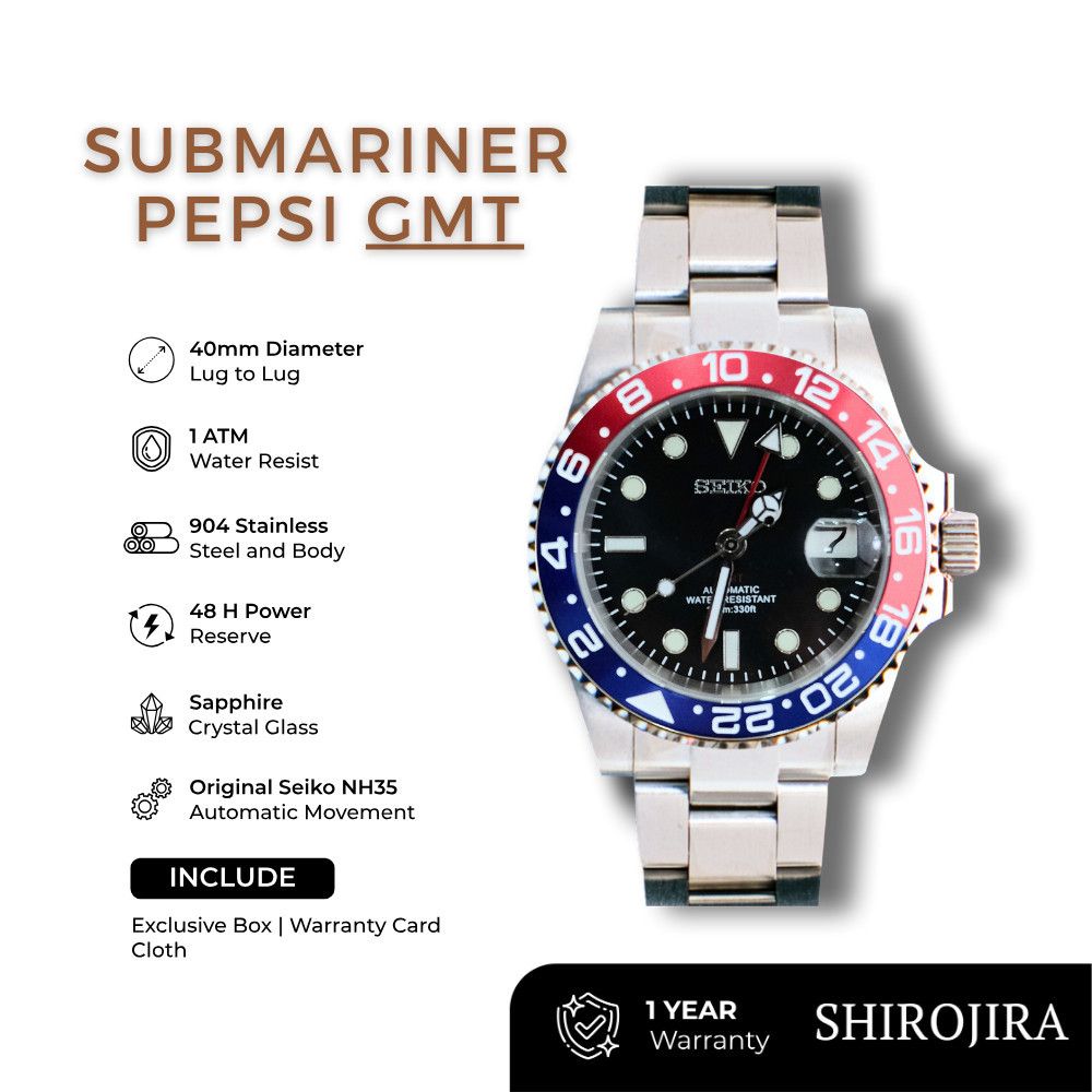 Jual Shirojira Seikomods Submariner GMT Pepsi Automatic Nh34 Dual Time Zone | Shopee Indonesia