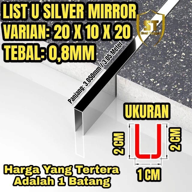 Jual LIST U MIRROR SILVER 20X10X20X3.050MM T. 0.8MM STAINLESS 201 ...