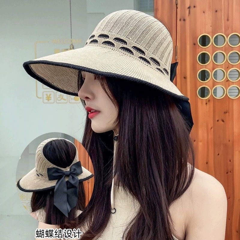 Jual FH Topi Pantai Bulat Jerami Rajut Wanita Aksen Bunga Pita/topi pantai wanita kekinian/Topi ...