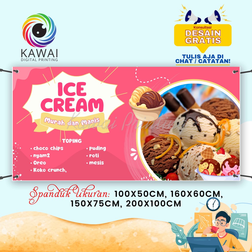 Jual Spanduk Banner MMT Ice Cream Cup 3 Rasa Rekuest 200x100 Cm ...