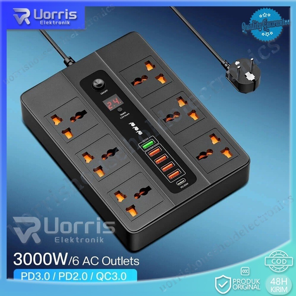 Jual 6 AC Outlets Power Strip 20W PD QC3.0 USB Fast Charger 6 Ports ...