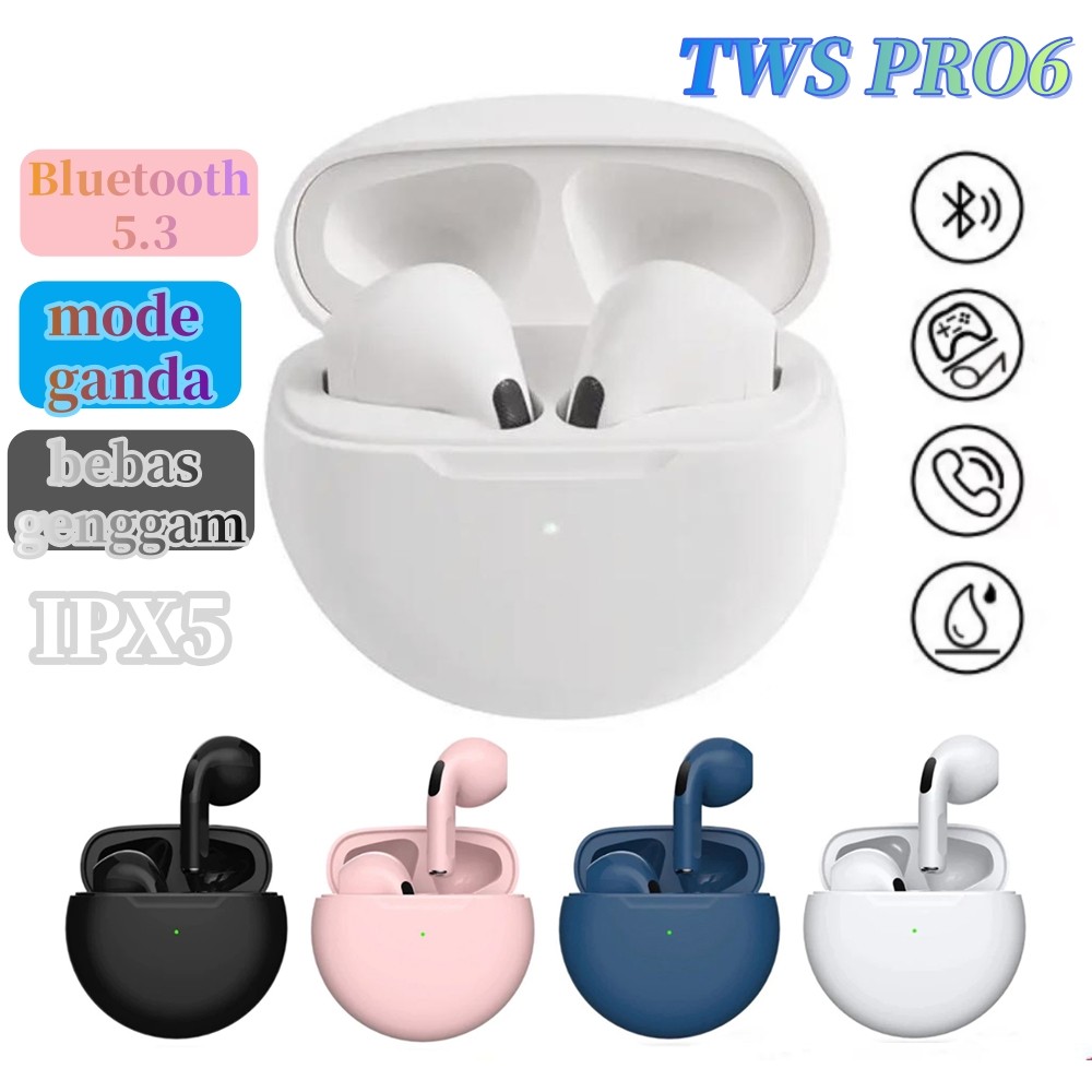 Jual Earphone Bluetooth Wireless Headset TWS Pro 6 HiFi Stereo Earbuds ...