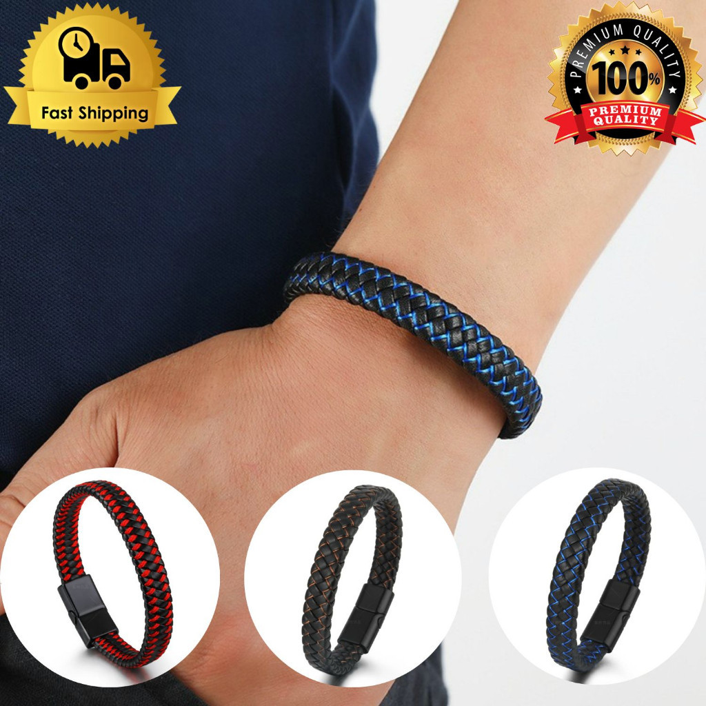 Jual Gelang Kulit Pria Asli Magnet Stainless Hitam List Warna Simple ...