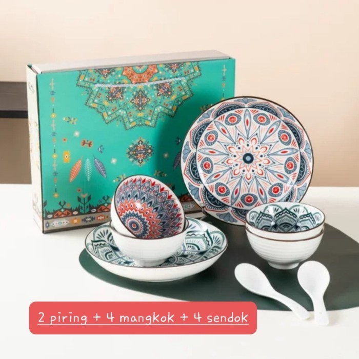 Jual LARIS -Green Bohemian Plate Set / Piring Mangkok Set Motif/ Kado ...
