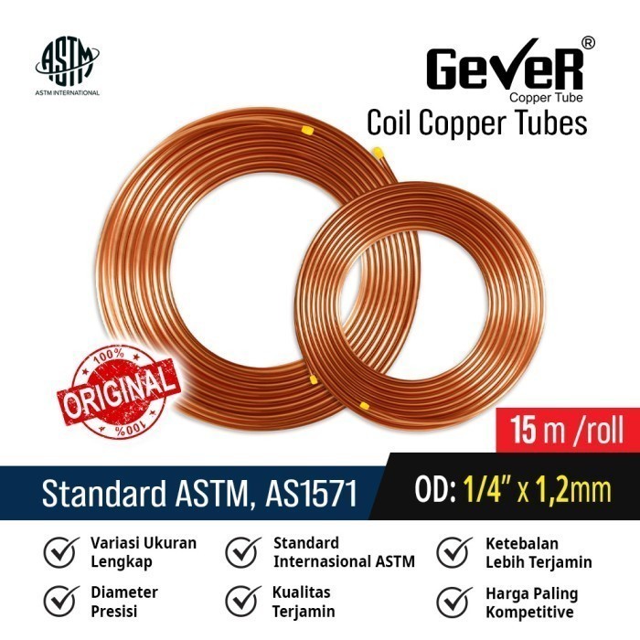 Jual PIPA TEMBAGA 1/4 INCH x 1,2mm GEVER COPPER PIPE (HARGA 1 ROLL 15 ...