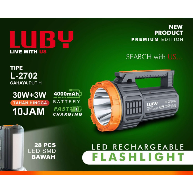 Jual Senter Luby L2702 Putih Baterai Fast Charging Cas LED 30 Watt Terang 3 Watt SMD Emergency L ...